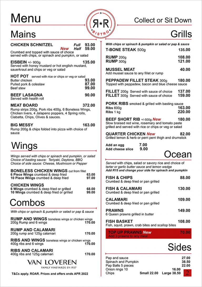 R&R Bistro – PLEASE NOTE NO CASH PAYMENTS-CARD PAYMENTS ONLY