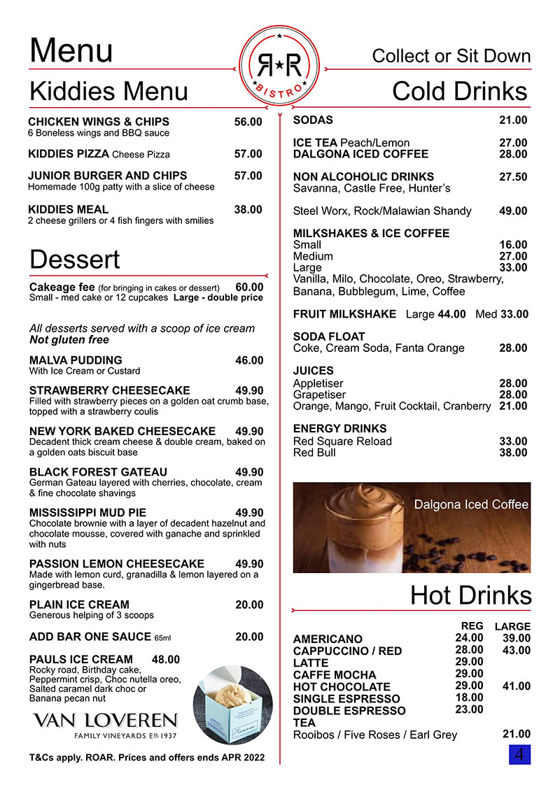 R&R Bistro – PLEASE NOTE NO CASH PAYMENTS-CARD PAYMENTS ONLY