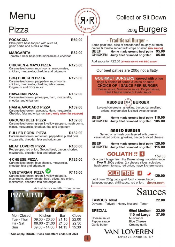 R&R Bistro – PLEASE NOTE NO CASH PAYMENTS-CARD PAYMENTS ONLY