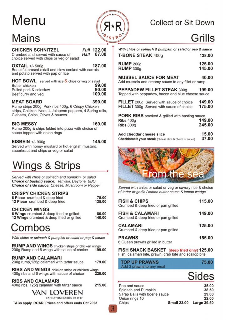 R&R Bistro – PLEASE NOTE NO CASH PAYMENTS-CARD PAYMENTS ONLY