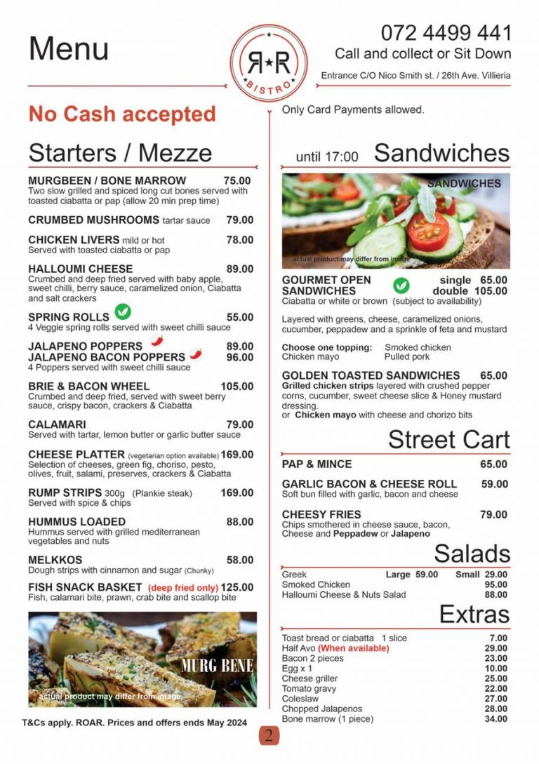 R&R Bistro – PLEASE NOTE NO CASH PAYMENTS-CARD PAYMENTS ONLY